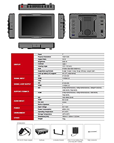 LILLIPUT 7" Q7-12G 7inch 2000nits 12G-SDI Ultra Brightness On-Camera Monitor-12G-SDI x 2 HDMI 2.0 x 1 Tally Output 12G-SDI x 2 HDMI 2.0 x 1 HDR 3D-LUT Waveform Level Meter Vector Scope