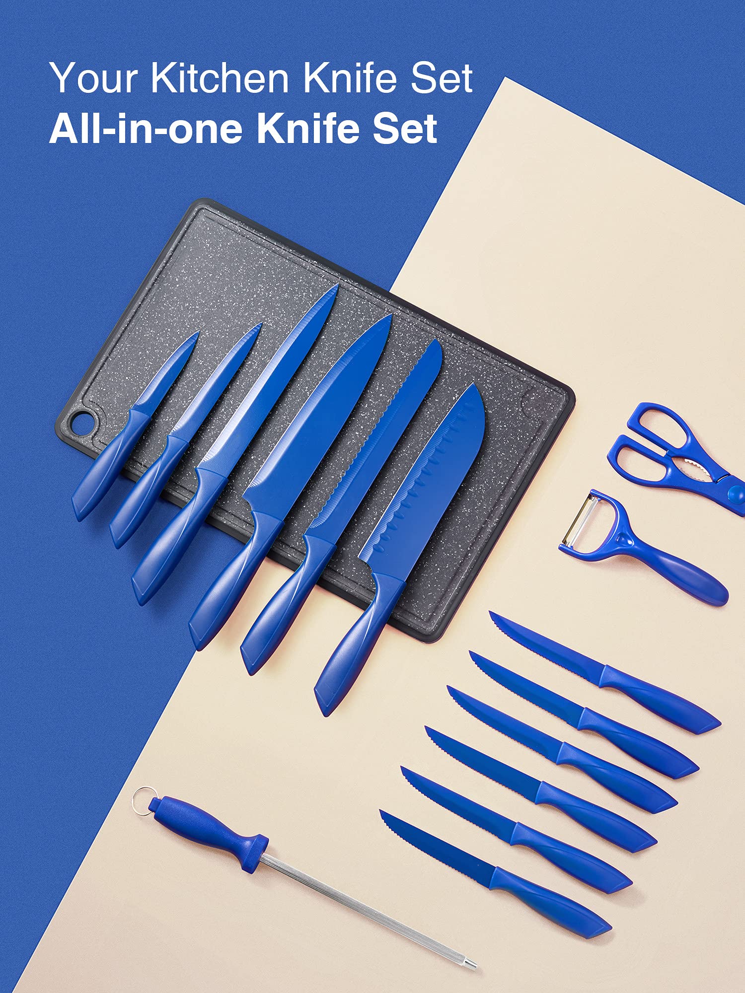 Knife Set, No Rust 16 Pieces Knives Set, Knife Block Set with Easy Clean Acrylic Stand, Super Sharp Kitchen Knife Set with a Vegetable Peeler, Blue