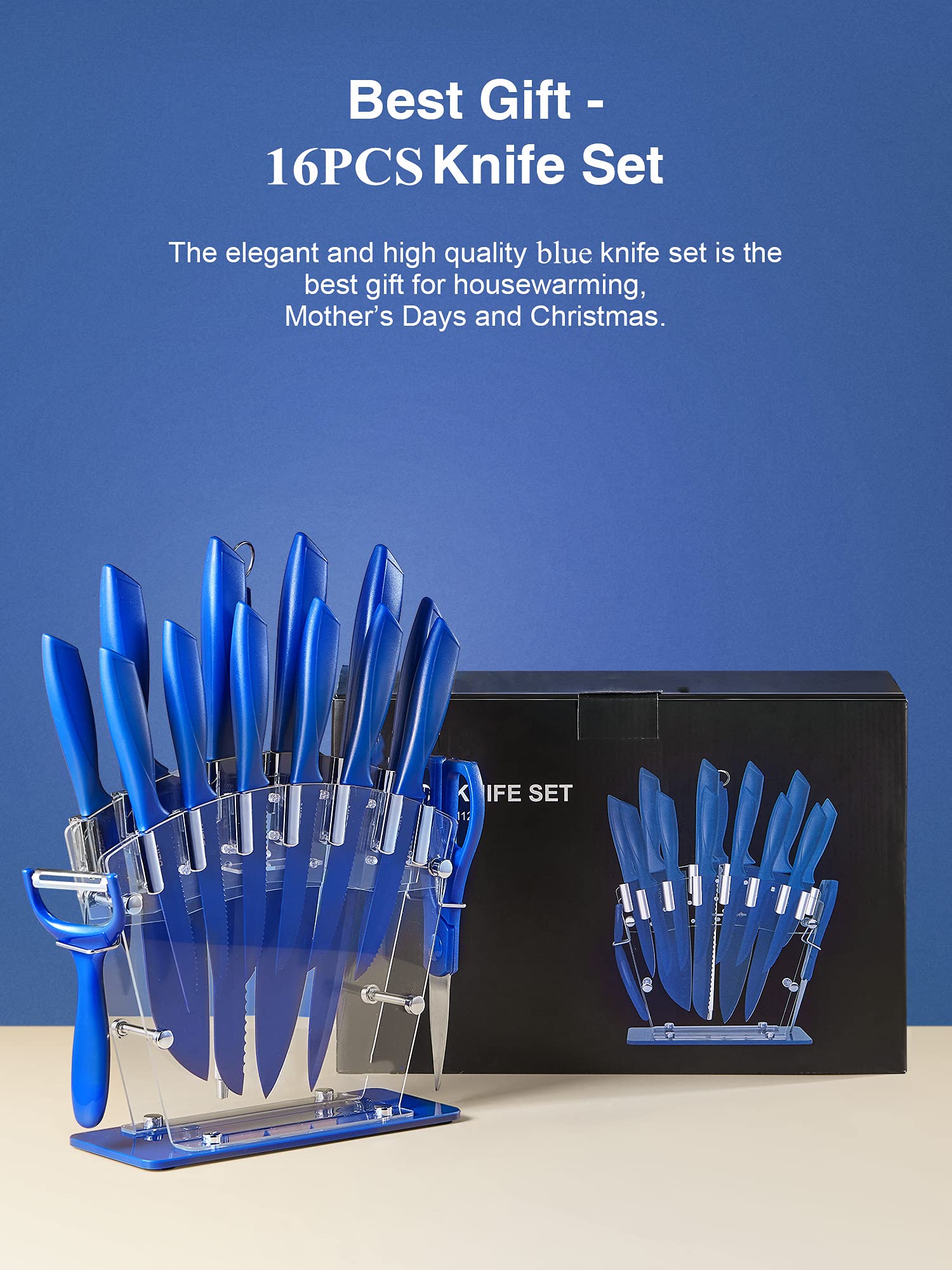 Knife Set, No Rust 16 Pieces Knives Set, Knife Block Set with Easy Clean Acrylic Stand, Super Sharp Kitchen Knife Set with a Vegetable Peeler, Blue