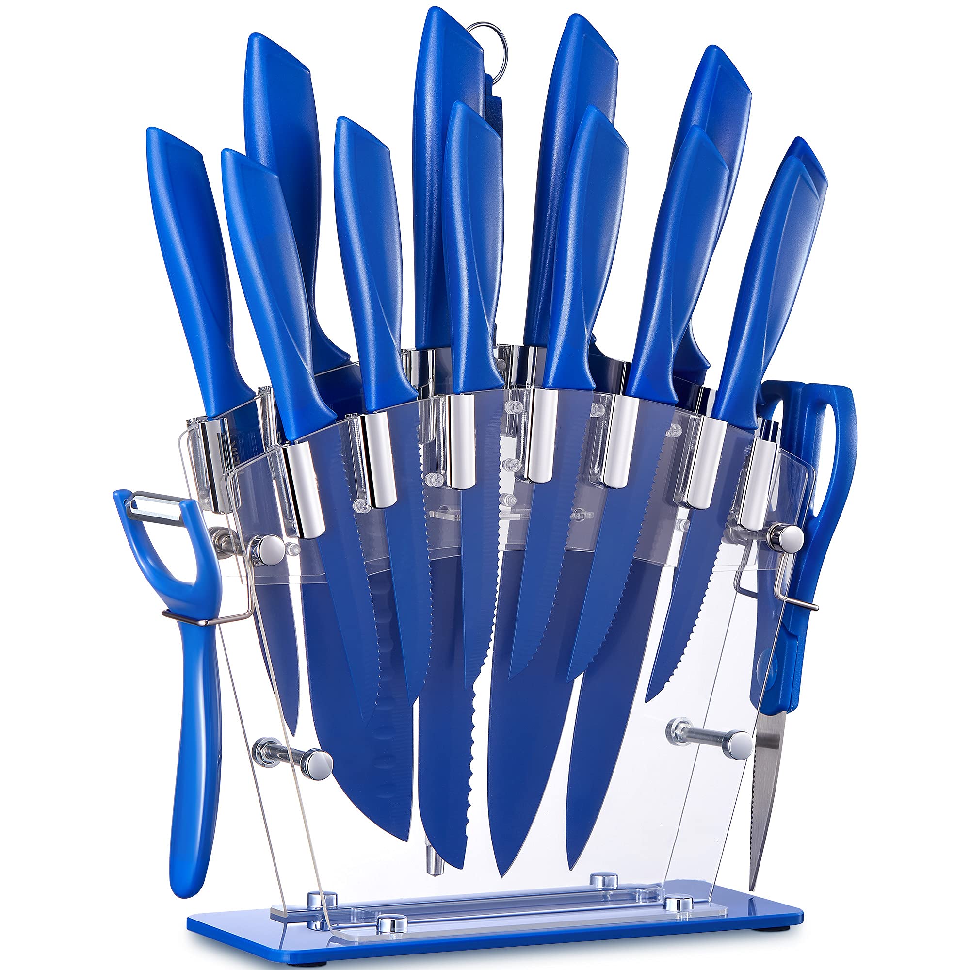 Knife Set, No Rust 16 Pieces Knives Set, Knife Block Set with Easy Clean Acrylic Stand, Super Sharp Kitchen Knife Set with a Vegetable Peeler, Blue