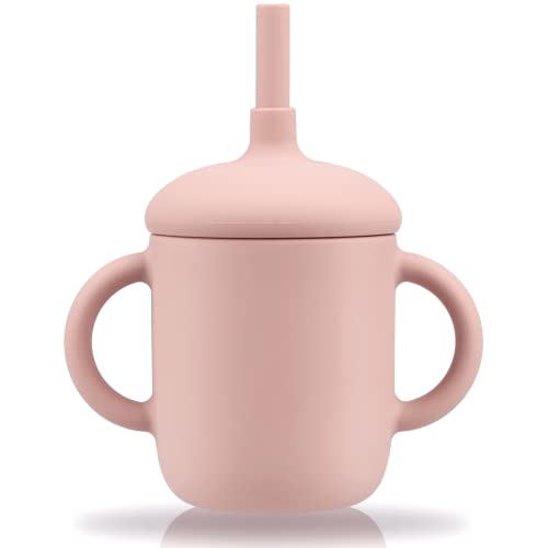 Mintlyfe Baby Trainer Cup, Silicone Training Cup with Handles Lid and Straw, BPA-Free, Unbreakable, Spill Proof and Non-Slip Handles Sippy Cup for Toddlers, 5 oz (Blush)