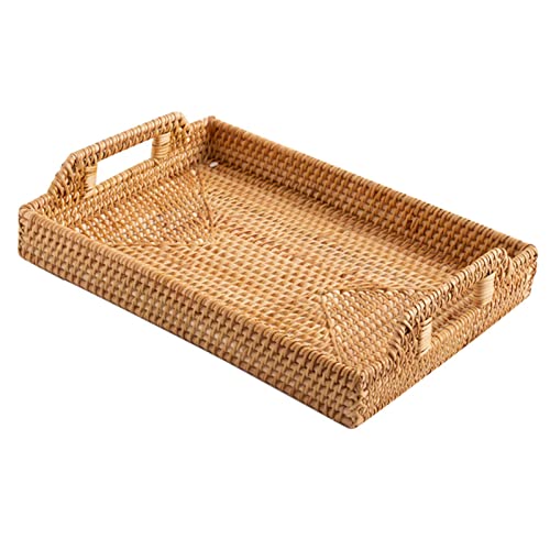 Rectangular Rattan Serving Tray with Handles, Handwoven Wicker Decorative Display Serving Platters for Coffee, Breakfast, Drinks, Snack Multi-Purpose Dining Table Desktop Organiser Tray(S)