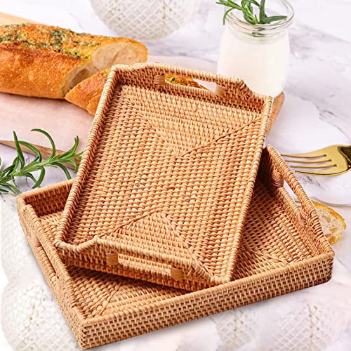 Rectangular Rattan Serving Tray with Handles, Handwoven Wicker Decorative Display Serving Platters for Coffee, Breakfast, Drinks, Snack Multi-Purpose Dining Table Desktop Organiser Tray(S)
