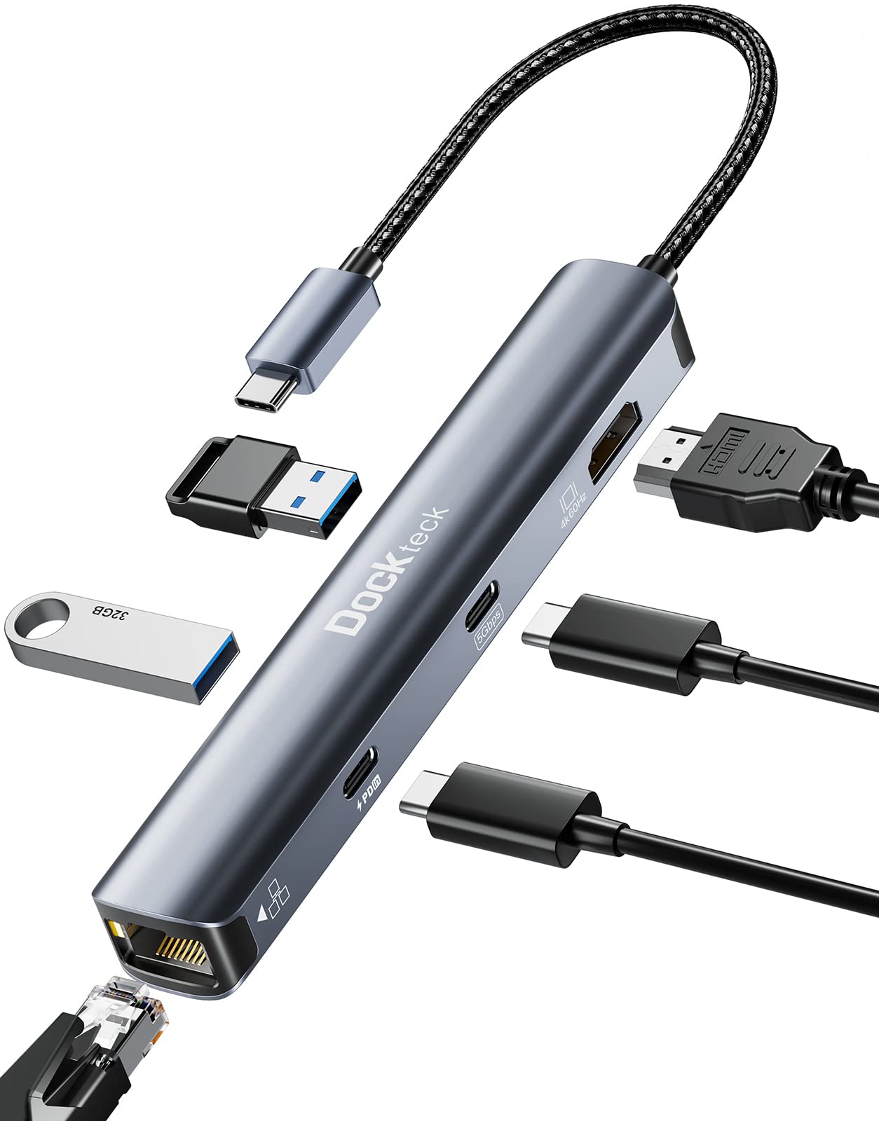 USB C Hub Ethernet,6 in 1 Laptop Docking Station, Dockteck USB C Multiport Adapter with 4K@60Hz HDMI, 100W PD,USB-C Data Port, 1Gbps LAN, 2 USB 3.0 for MacBook Pro/Air, Surface Pro, XPS and More
