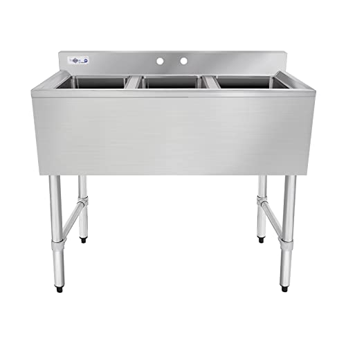 Profeeshaw NSF 3 Compartment Sink Commercial of Stainless Steel with 10'' x 14'' x 10'' Bowl Bar Utility Basin for Restaurant, Bar, Utility Room and Garage