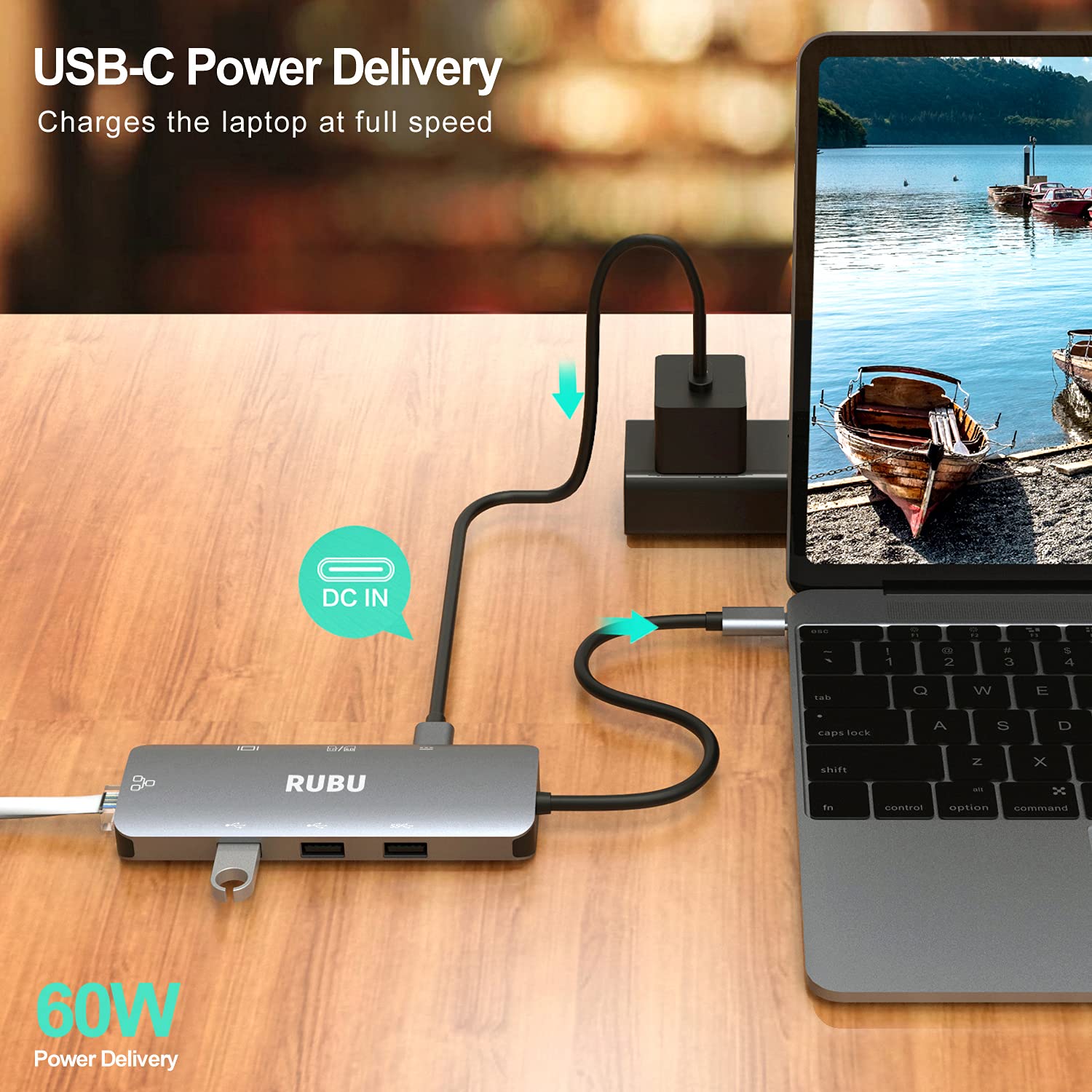 RUBU 8- in-1USB C Hub Multiport Adapter with Ethernet Driverless Compatibility with Mac, Windows, iPhone 15, Chromebook, USB, Thunderbolt, PD Charging, Ethernet, 4K60Hz HDMI, 2X USB, SD/microSD