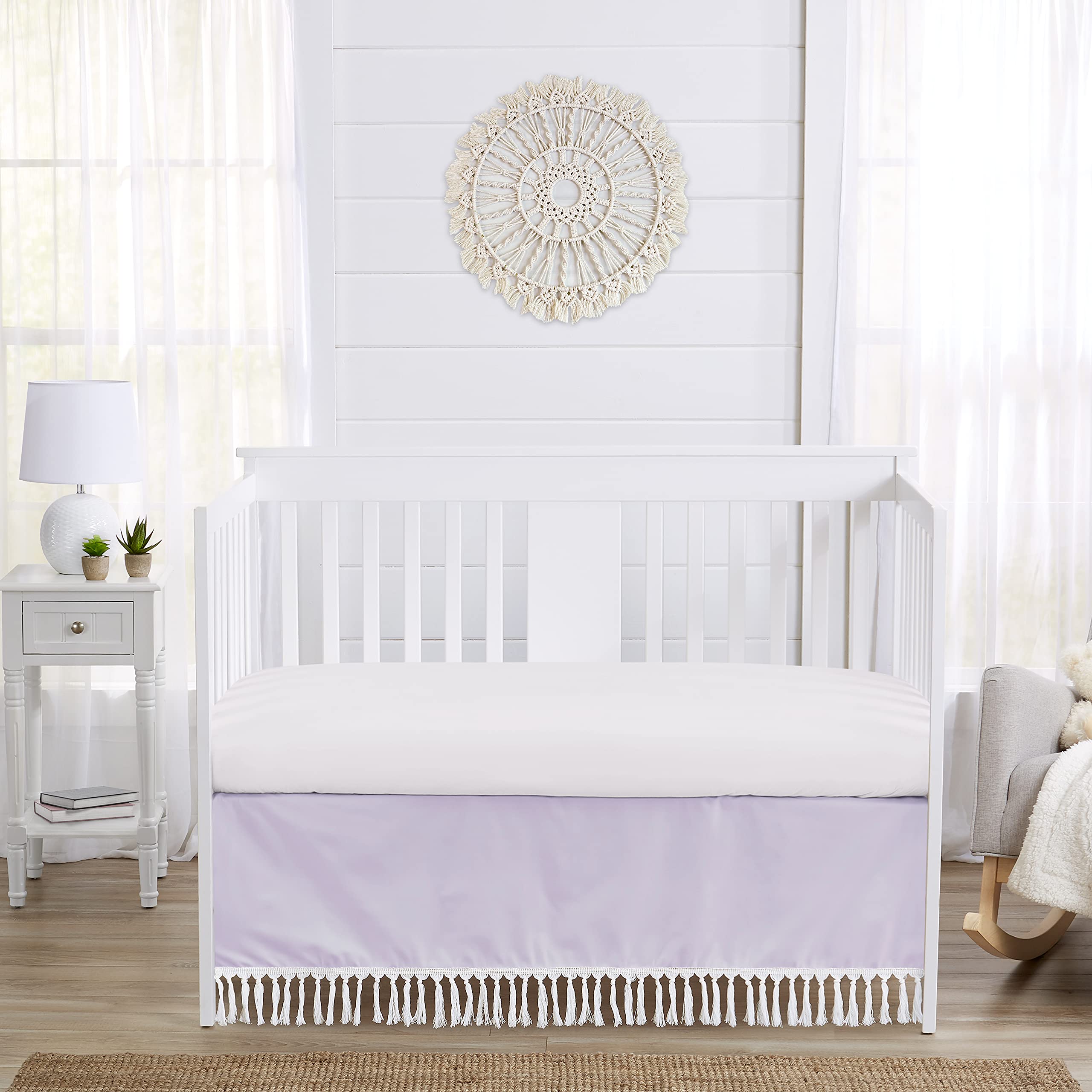 Sweet Jojo Designs Lavender Boho Bohemian Girl Baby Crib Bed Skirt Nursery Dust Ruffle - Solid Color Purple and White Farmhouse Chic Minimalist Tassel Fringe Macrame Textured