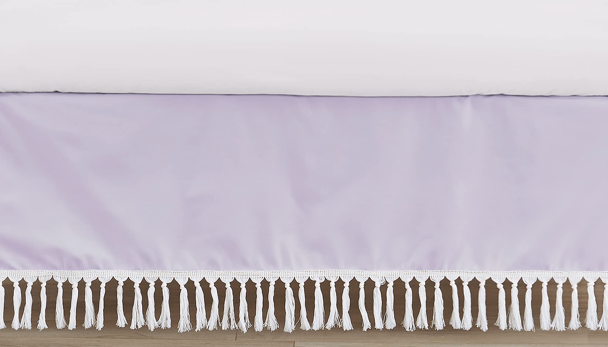 Sweet Jojo Designs Lavender Boho Bohemian Girl Baby Crib Bed Skirt Nursery Dust Ruffle - Solid Color Purple and White Farmhouse Chic Minimalist Tassel Fringe Macrame Textured