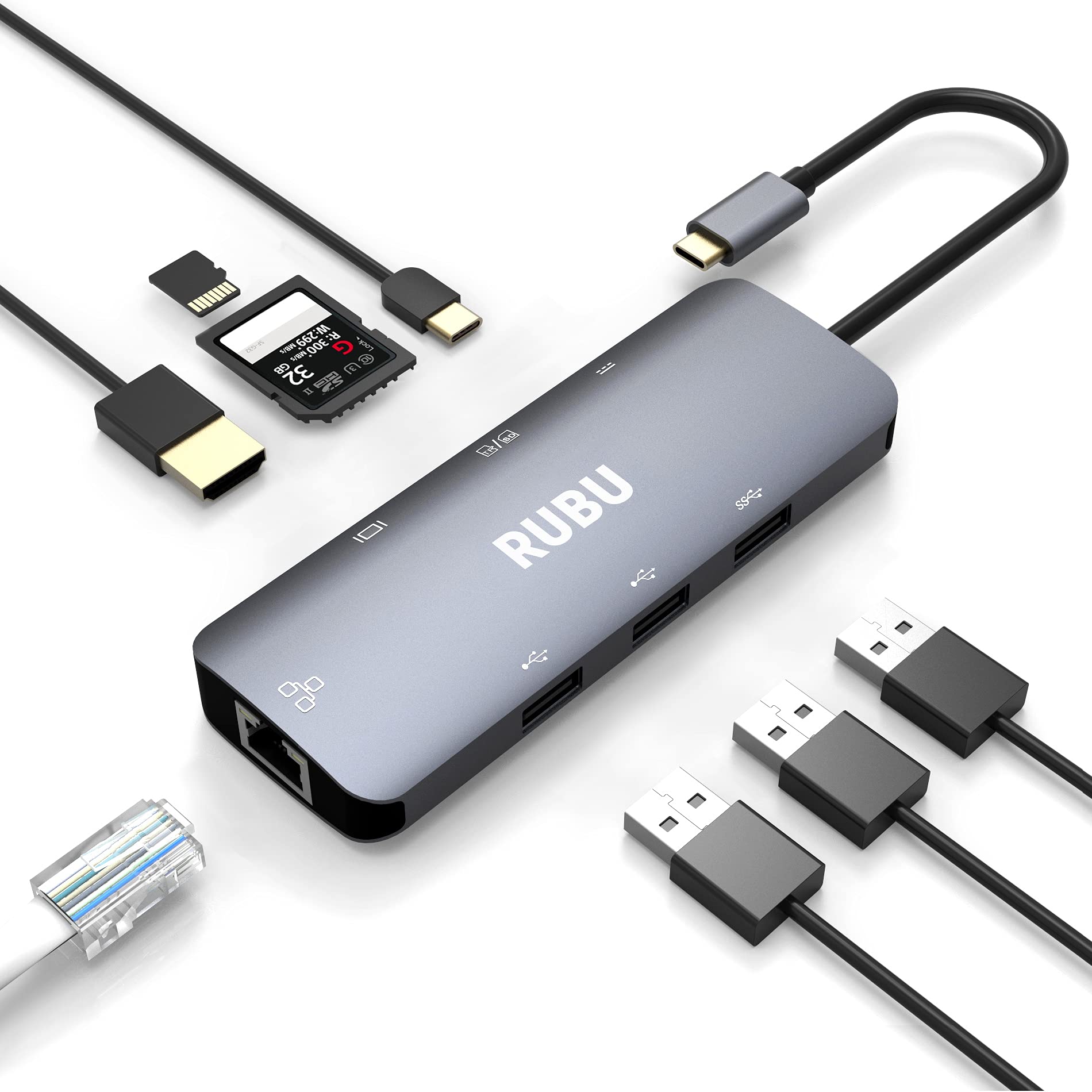 RUBU 8- in-1USB C Hub Multiport Adapter with Ethernet Driverless Compatibility with Mac, Windows, iPhone 15, Chromebook, USB, Thunderbolt, PD Charging, Ethernet, 4K60Hz HDMI, 2X USB, SD/microSD
