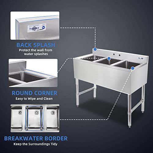Profeeshaw NSF 3 Compartment Sink Commercial of Stainless Steel with 10'' x 14'' x 10'' Bowl Bar Utility Basin for Restaurant, Bar, Utility Room and Garage