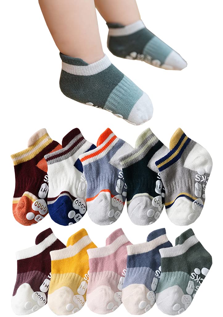 QandSweet Baby Toddler Non-Slip Socks Unisex Boy Girls' Socks Non-Skid Grips Ankle Sock (1-3T, 10 Pairs)