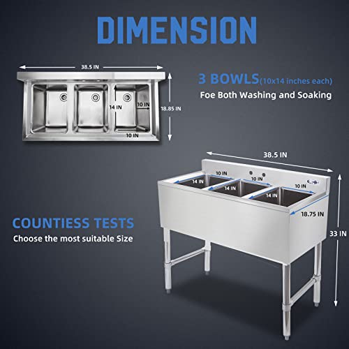 Profeeshaw NSF 3 Compartment Sink Commercial of Stainless Steel with 10'' x 14'' x 10'' Bowl Bar Utility Basin for Restaurant, Bar, Utility Room and Garage