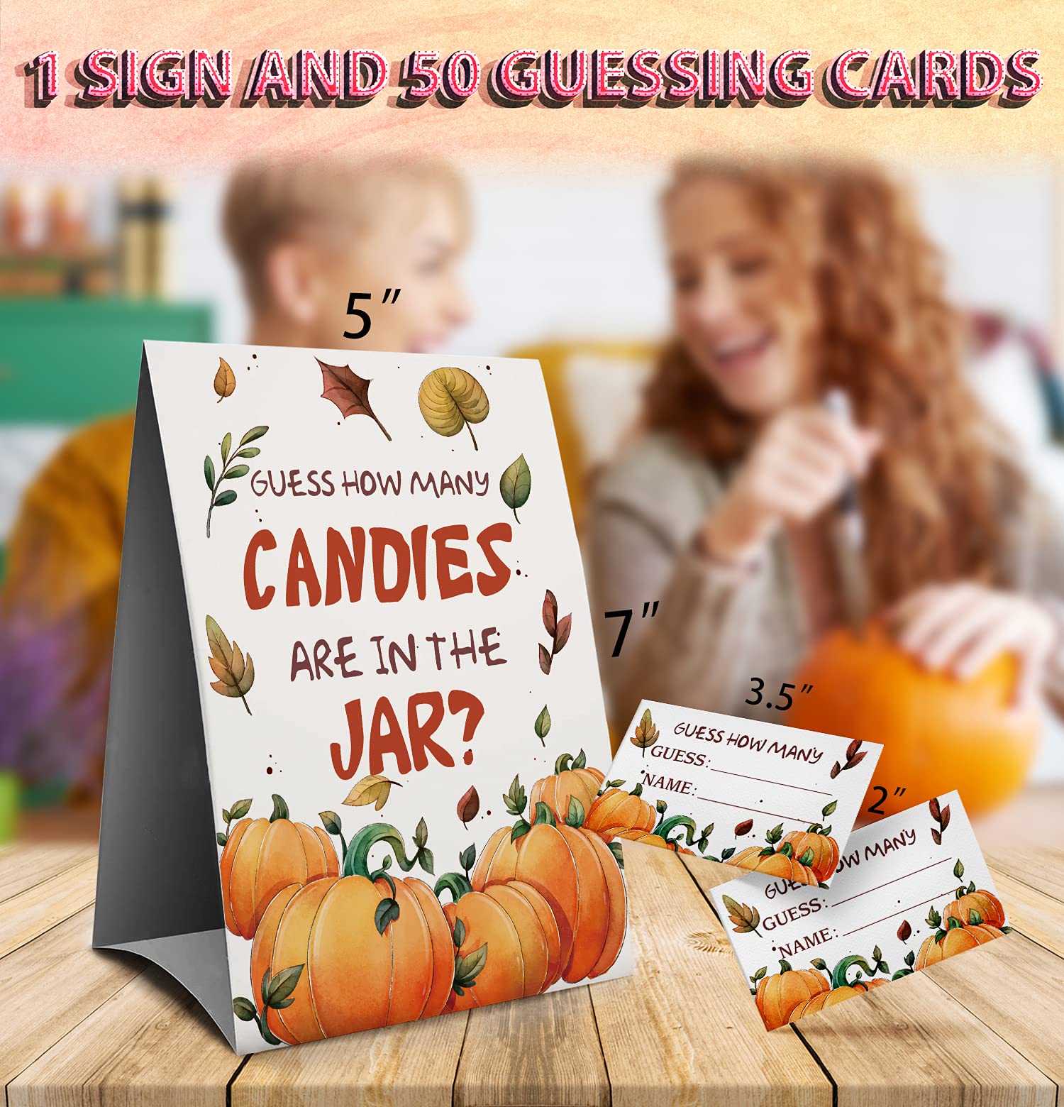 Pumpkin theme Party Games - Guess How Many Candies are in the Jar(Maple leaf), Baby Shower Game, Bridal Shower Games, Autumn Activities - 1 Sign and 50 Guessing Cards(18A)