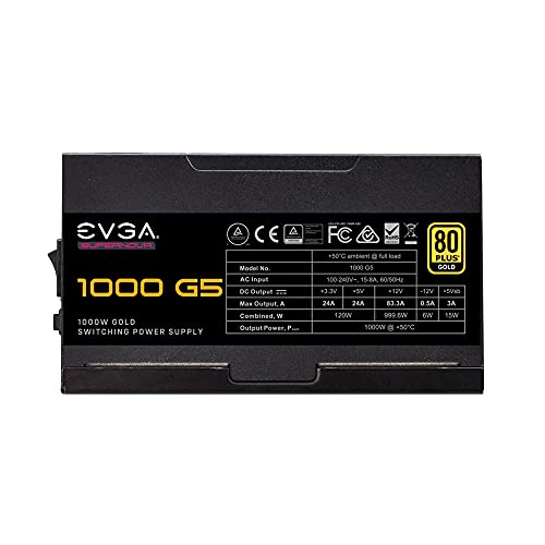 EVGA SuperNOVA 1000 G5, 80 Plus Gold 1000W, Fully Modular, ECO Mode with Fdb Fan, 10 Year Warranty, Compact 150mm Size, Power Supply 220-G5-1000-X1 (Renewed)