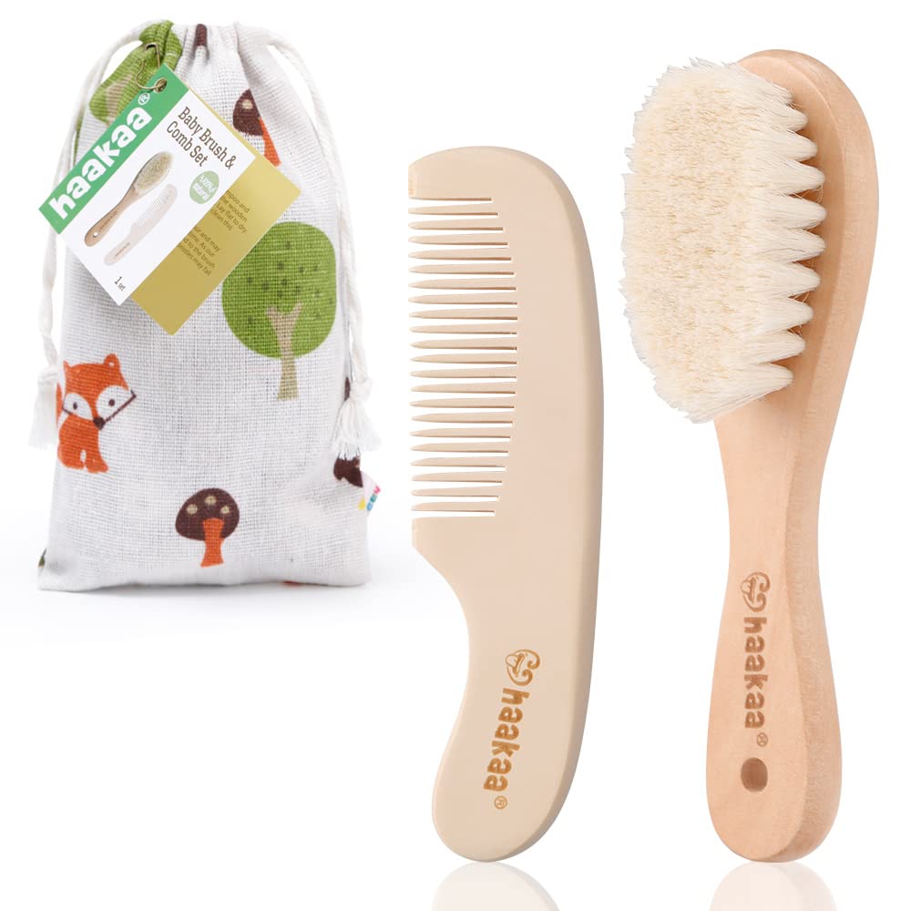haakaa Baby Hair Brush and Comb Set - Baby Brush with Soft Wool Bristles for Cradle Cap - Wooden Comb Scalp Grooming Massager for Infant,Newborn & Toddler,Baby Showe Gift, 2PK