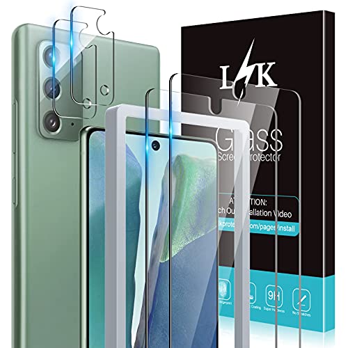 4 Pack LϟK 2 Pack Tempered Glass Screen Protector + 2 Pack Camera Lens Protector Compatible for Samsung Galaxy Note 20, New Version, Ultrasonic Fingerprint Supported, Installation Tray - Clear