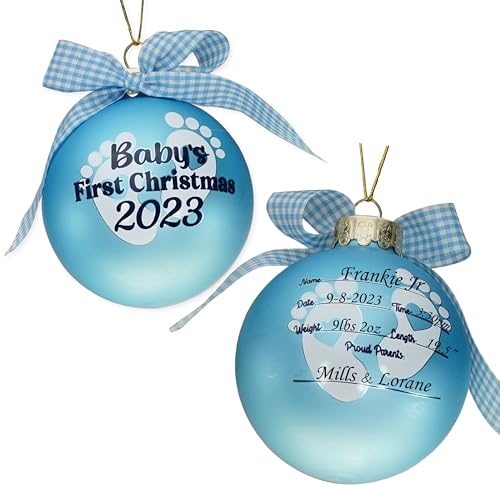 2022 Baby's First Christmas Ornament Keepsake Ball - Resin - 1st Holiday Decoration - Blue Baby Boy - Custom Name Date Birth Info