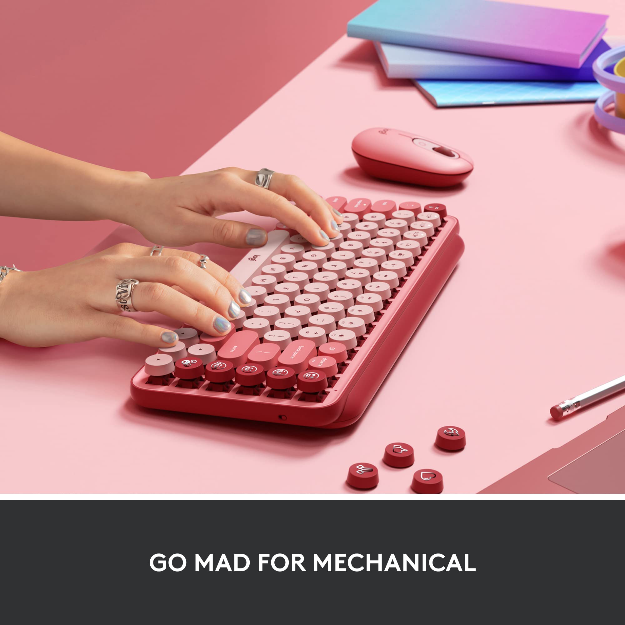 Logitech POP Mechanical Wireless Keyboard with Customizable Emoji Keys, Durable Compact Design, Bluetooth or USB Connectivity, Multi-Device, OS Compatible - Heartbreaker Rose