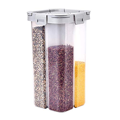 BIPEGE Airtight Cereal Storage Container, Clear 2.3L Airtight Kitchen Food Storage Container with Lids and Compartments for Grain, Sugar, Flour, Rice, Nuts, Snacks