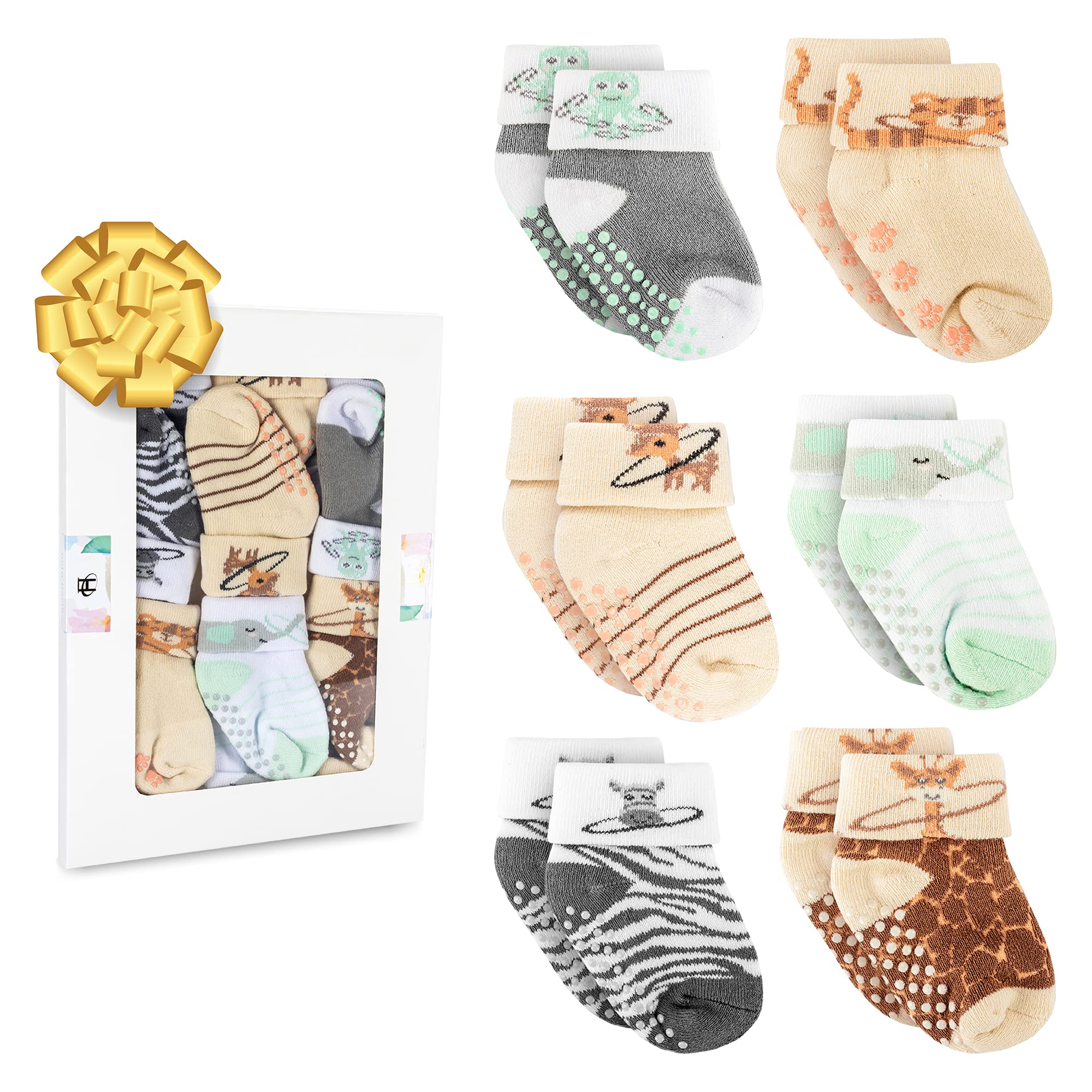 Hula Home 6-Pack Luxury Organic Cotton Blend Terry Anti-Slip Baby Socks for Infants 6-12 Months Boys and Girls, Fold-Over Cuffs and Anti-Skid Non-Slip Grips, Eco-Friendly Frustration-Free Packaging