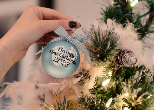 2022 Baby's First Christmas Ornament Keepsake Ball - Resin - 1st Holiday Decoration - Blue Baby Boy - Custom Name Date Birth Info