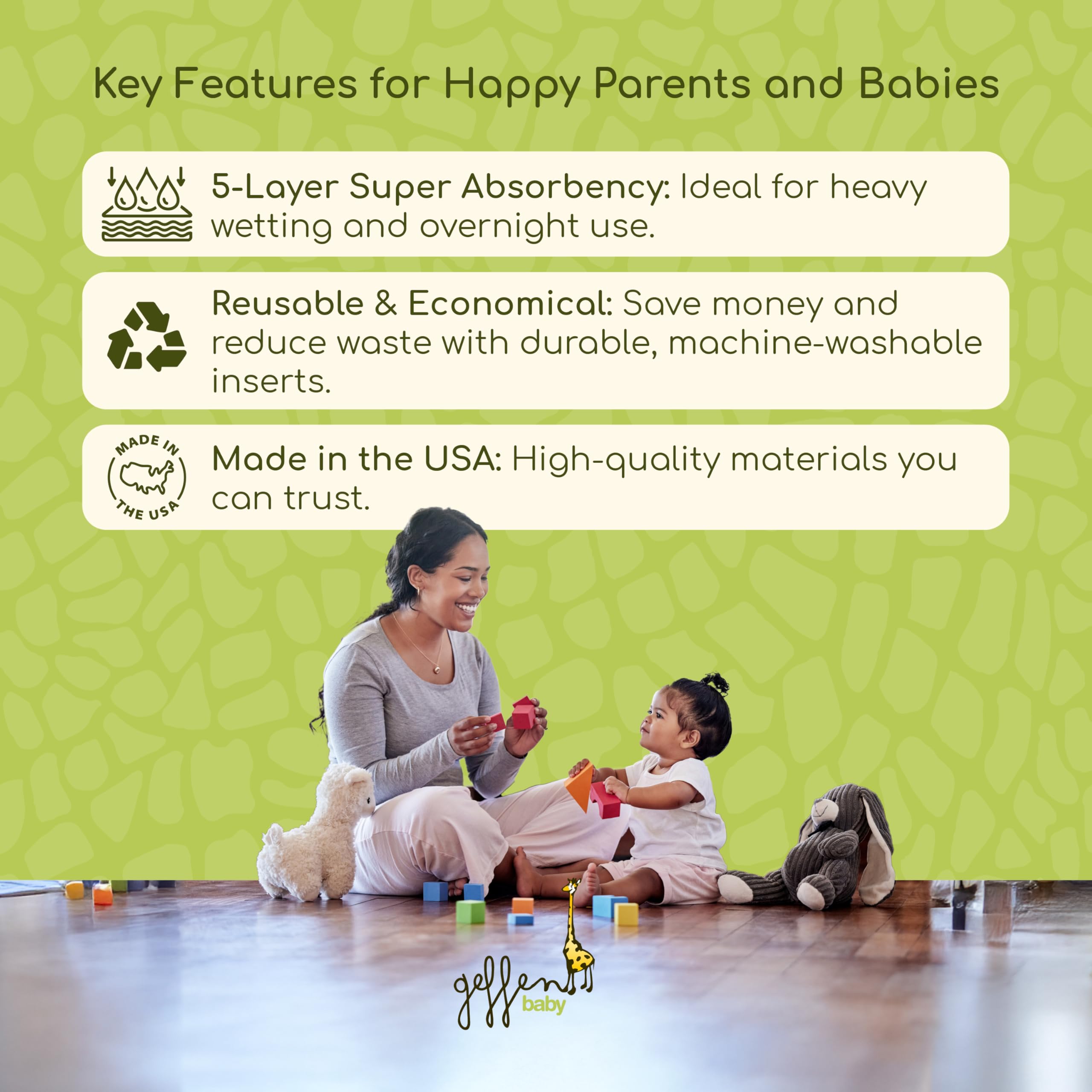 Geffen Baby Newborn Super Absorbers Cloth Diaper Inserts - 3 Pack | 5-Layer Reusable Booster Pads for Heavy Wetters, Overnight Diapering, and Naps | Slim Fit for Newborns