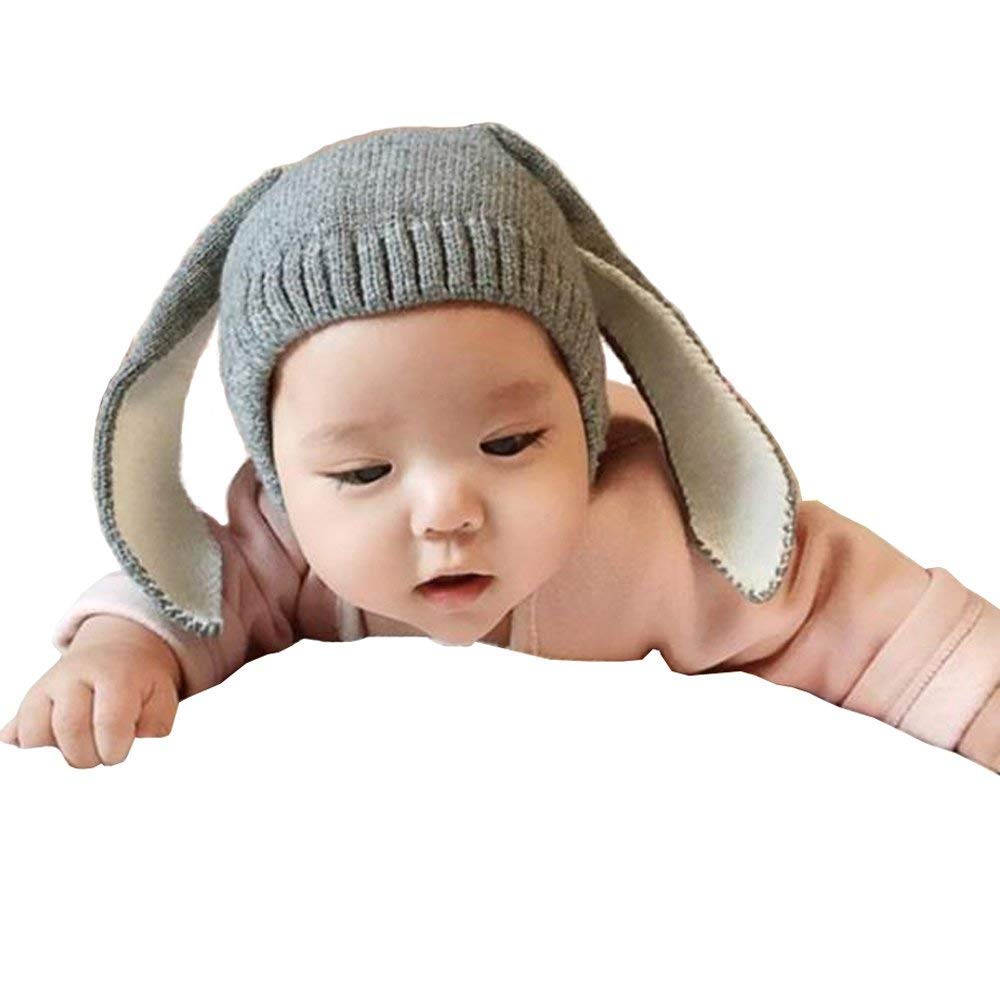 Toddlers Baby Girls and Boys Rabbit Ears Beanie Cap Winter Warm Knit Caps Scarf Woolen Earflap Hood Warm Skull Knit Caps (Hat2-Grey)