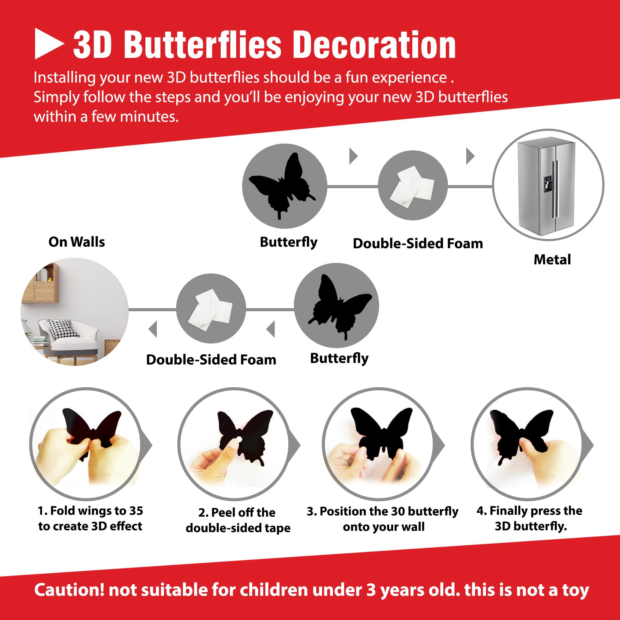 DecalMasters 24pcs Blue Glitter 3D Butterfly Wall Decals - 3 Sizes Butterflies Decor for Wall Removable Mural Stickers Home, Party, Cake and Room Decoration, Bedroom Decor DIY Gift (Blue Glitter, 24)