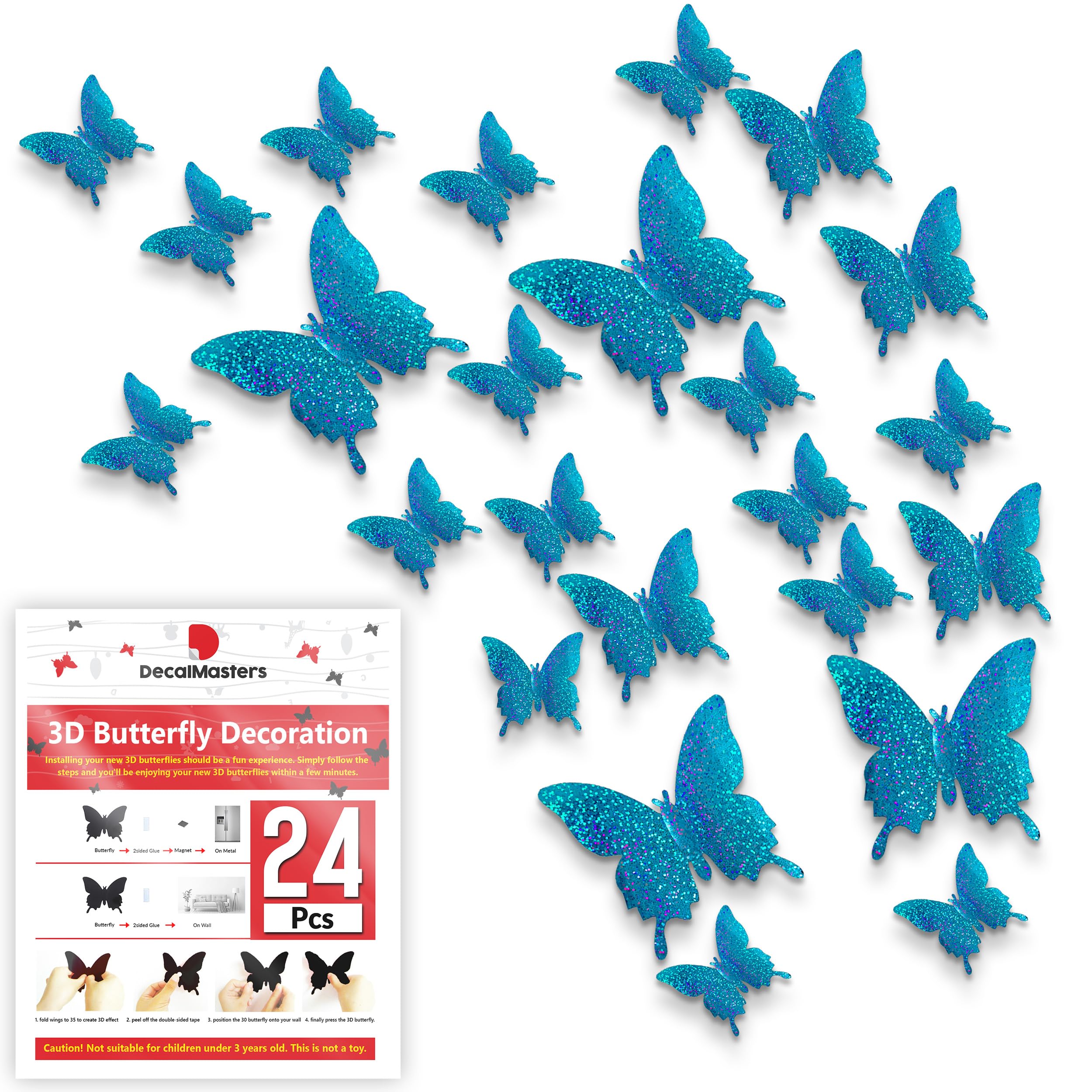 DecalMasters 24pcs Blue Glitter 3D Butterfly Wall Decals - 3 Sizes Butterflies Decor for Wall Removable Mural Stickers Home, Party, Cake and Room Decoration, Bedroom Decor DIY Gift (Blue Glitter, 24)