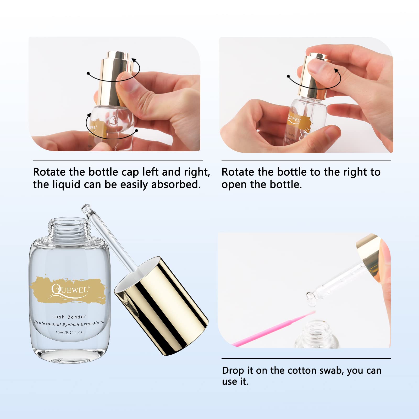 QUEWEL Lash Bonder for Eyelash Extensions 15mL Eyelash Extension Bonder Low Irritation Professional Super Bonder for Lash Extensions Help Glue Bond Better Enhances Retention Water Oil Proof