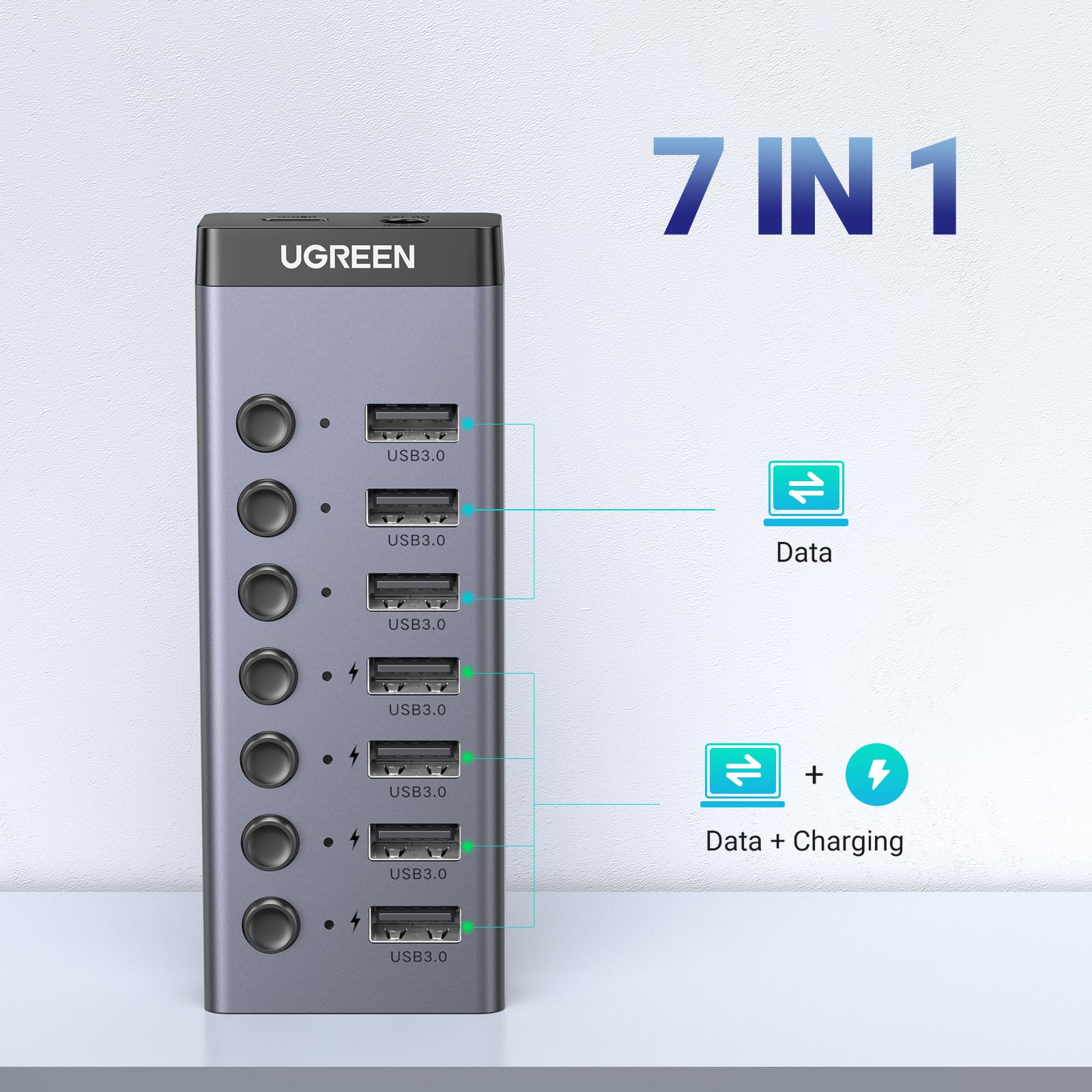 UGREEN Powered USB 3.0 Hub, 7-Port USB Adapter with 4 Smart Charging Ports, USB Splitter with Individual Led On/Off Switches and Power Adapter, USB Ports Extender for Laptop PC