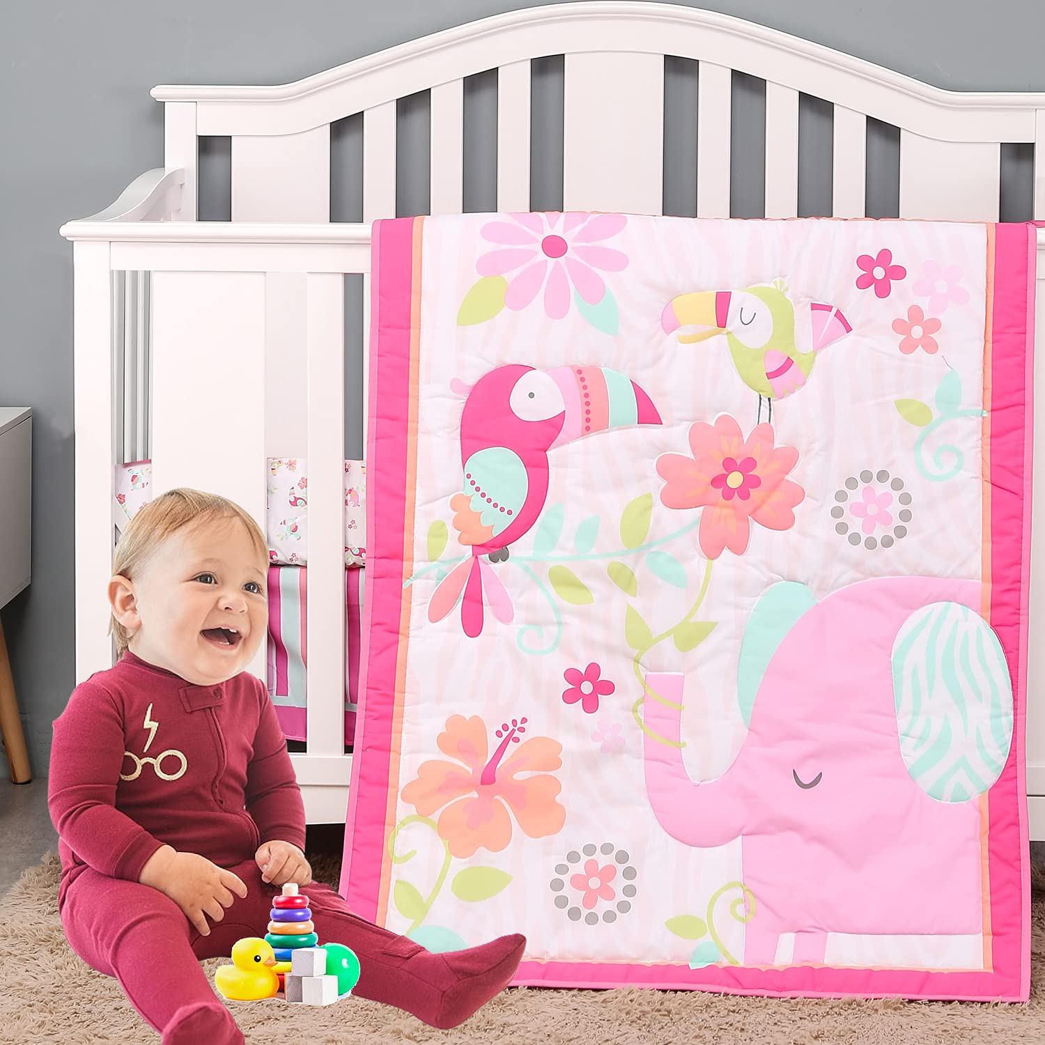 Brandream Crib Bedding Sets for Girls Pink Garden Elephant Parrot Birds 3-Piece Nursery Set | Baby Comforter, Fitted Crib Sheet, Crib Skirt Included, Floral Animal Collection
