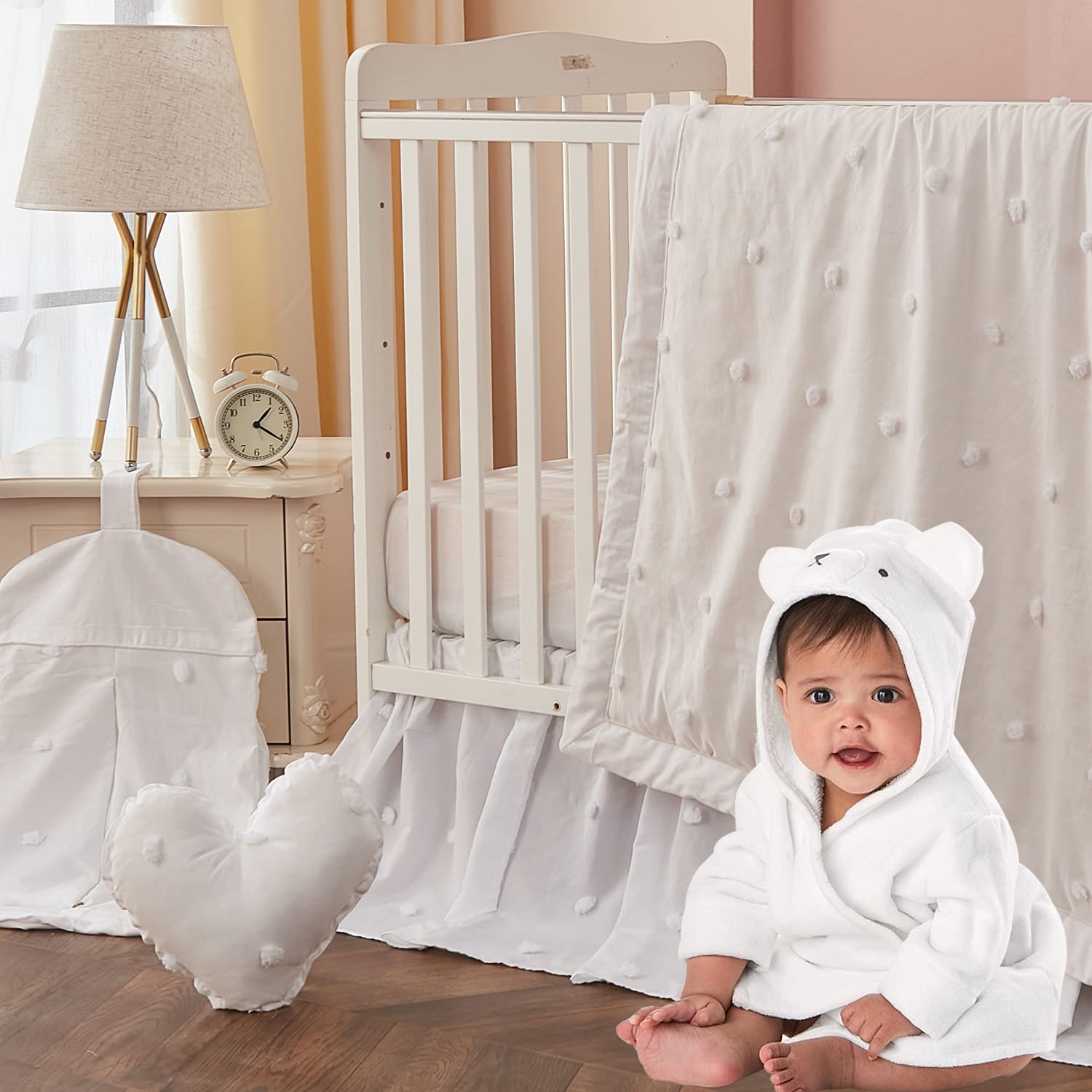 Brandream Gender Neutral Boho Bohemian Baby Girl Boy Nursery Crib Bedding Set - 6pc - Solid Color White Farmhouse Chic Unisex Pom Poms Design Soft Cotton
