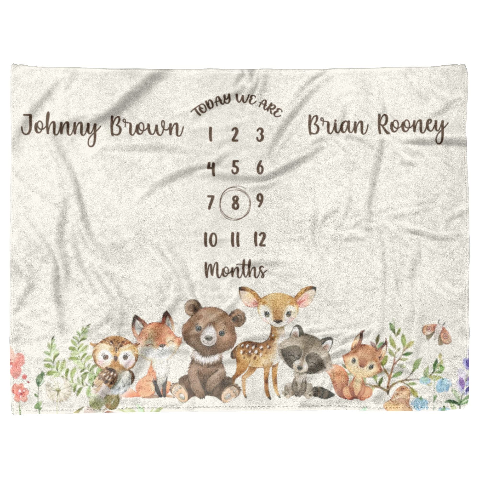 MDPrints Personalized Twin Milestone Blanket, Custom Monthly Baby Blankets with Name for Boys and Girls, 30x40 & 50x60inch Soft Plush Fleece (Brown)