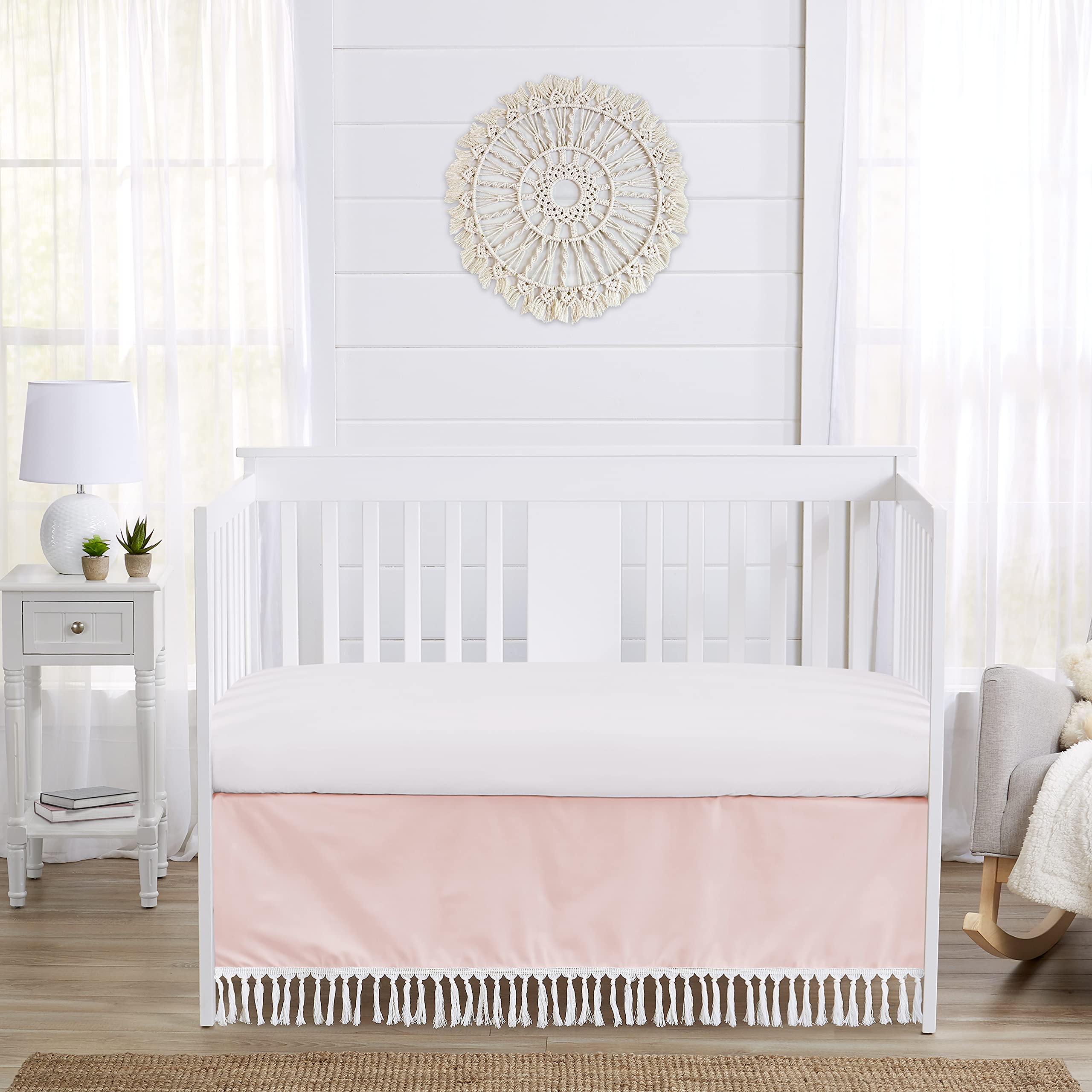 Sweet Jojo Designs Pink Boho Bohemian Girl Baby Crib Bed Skirt Nursery Dust Ruffle - Solid Color Blush Pink and White Farmhouse Chic Minimalist Tassel Fringe Macrame Textured
