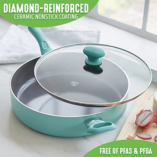 GreenLife Soft Grip Diamond Healthy Ceramic Nonstick, 5QT Saute Pan Jumbo Cooker with Helper Handle and Lid, PFAS-Free, Dishwasher Safe, Turquoise