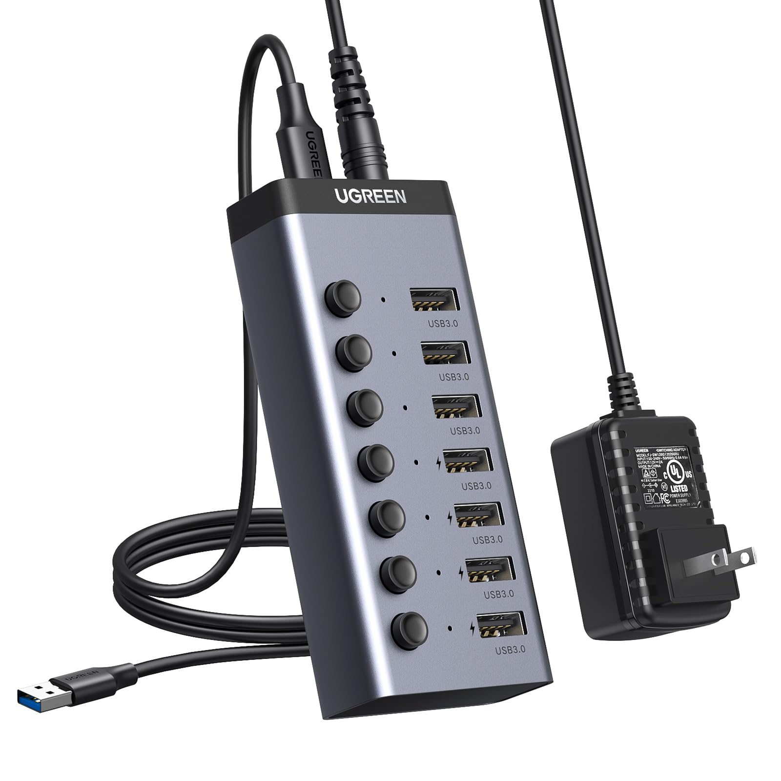 UGREEN Powered USB 3.0 Hub, 7-Port USB Adapter with 4 Smart Charging Ports, USB Splitter with Individual Led On/Off Switches and Power Adapter, USB Ports Extender for Laptop PC