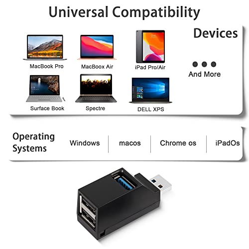 QIANRENON USB Hub 90 Degree Splitter 3 Port USB 3.0 Adapter Portable Powered Data USB Hub Transfer for PC Laptop USB Flash Drives,Black