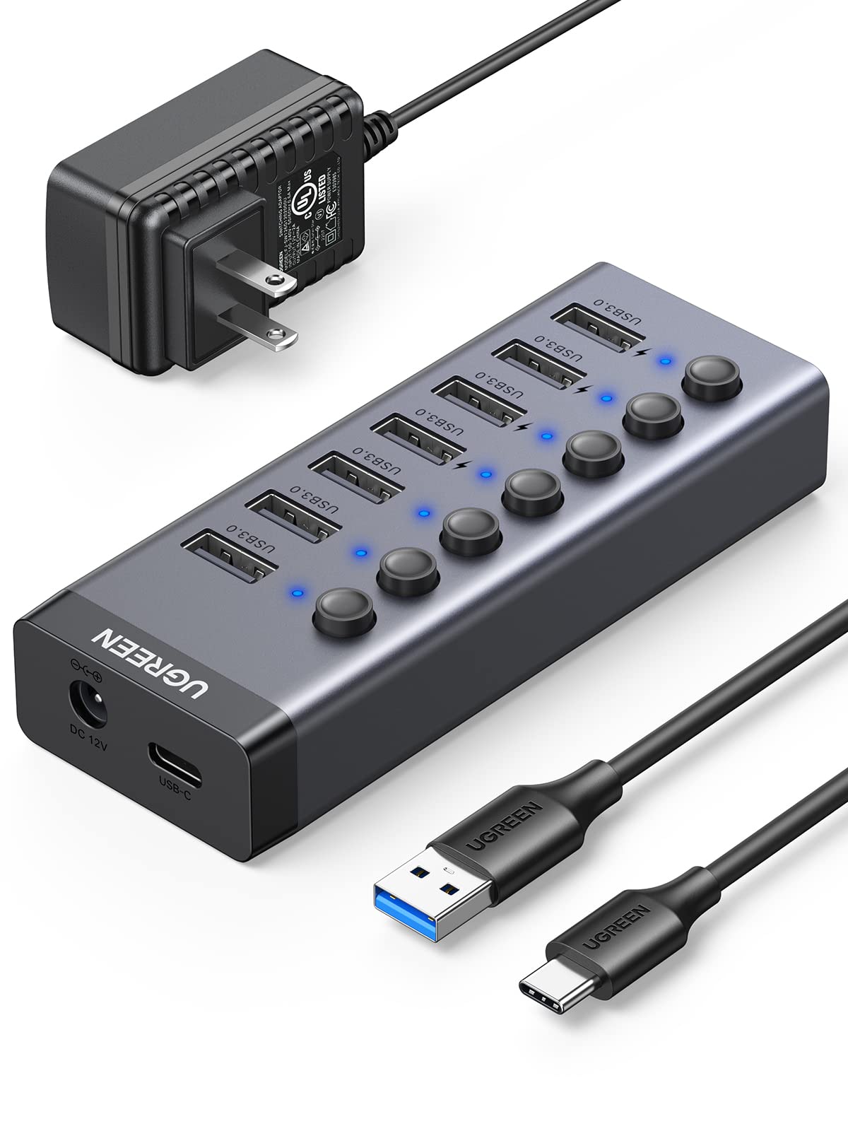 UGREEN Powered USB 3.0 Hub, 7-Port USB Adapter with 4 Smart Charging Ports, USB Splitter with Individual Led On/Off Switches and Power Adapter, USB Ports Extender for Laptop PC