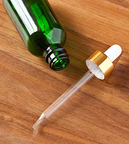 JUVITUS 2 oz / 60 ml Green Glass Boston Round Bottle Luxury Gold Metal Dropper (24 Pack) + Funnel