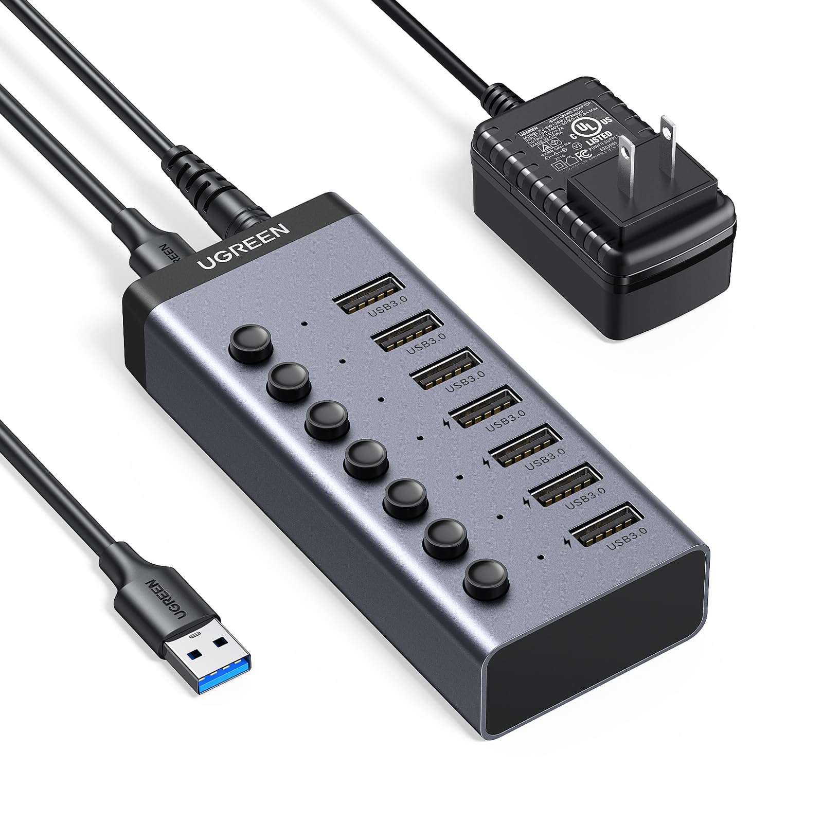 UGREEN Powered USB 3.0 Hub, 7-Port USB Adapter with 4 Smart Charging Ports, USB Splitter with Individual Led On/Off Switches and Power Adapter, USB Ports Extender for Laptop PC