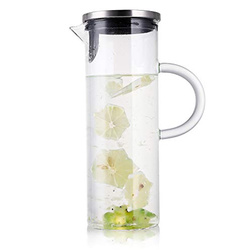 Cedilis 50 OZ Glass Pitcher with Stainless Lid and Handle, Glass Water Carafe Beverage Bottles Iced Tea Pitcher for Hot Cold Water, Ice Lemon Tea and Juice