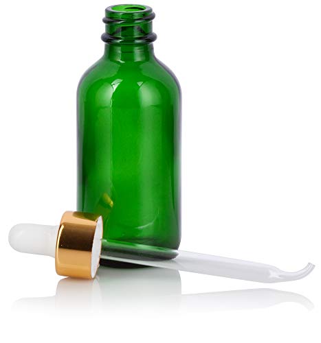 JUVITUS 2 oz / 60 ml Green Glass Boston Round Bottle Luxury Gold Metal Dropper (24 Pack) + Funnel