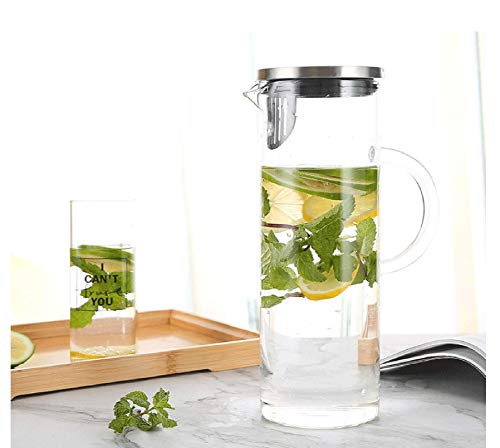 Cedilis 50 OZ Glass Pitcher with Stainless Lid and Handle, Glass Water Carafe Beverage Bottles Iced Tea Pitcher for Hot Cold Water, Ice Lemon Tea and Juice