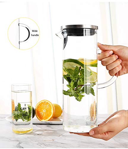 Cedilis 50 OZ Glass Pitcher with Stainless Lid and Handle, Glass Water Carafe Beverage Bottles Iced Tea Pitcher for Hot Cold Water, Ice Lemon Tea and Juice