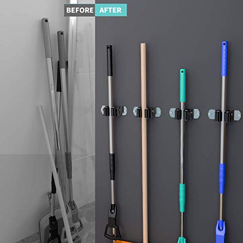 CWOVRS Mop Broom Holder, 4 Pack Mop Holders Stainless Steel Broom Wall Mount Holder, Heavy Duty Broom Hanger Wall Mop Holder for Kitchen Garden Garage