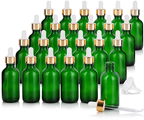 JUVITUS 2 oz / 60 ml Green Glass Boston Round Bottle Luxury Gold Metal Dropper (24 Pack) + Funnel