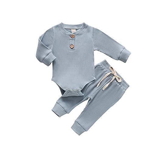 Newborn Baby Girl Boy Fall Clothes 3 6 12 18 24 Months Outfits Long Sleeve Knitted Cotton Romper & Pants Infant Winter Sets (B-blue, 18-24 Months)