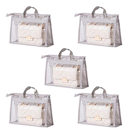 5 Pack Clear Tote Bag, Handbag Organizer PVC Transparent Anti-dust Cover Bag for Hanging Closet with Zipper and Handle Space-Saving Storage Bag (Color : Gray, Size : XXL)