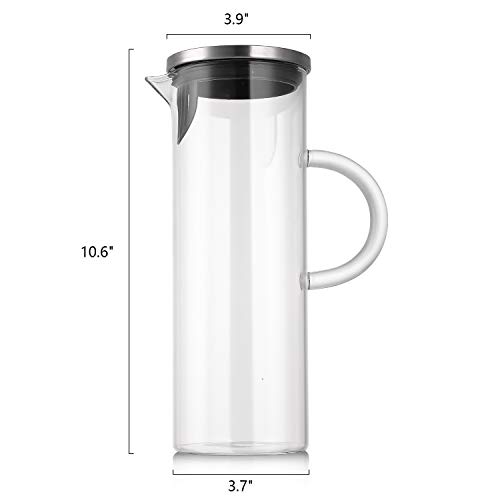 Cedilis 50 OZ Glass Pitcher with Stainless Lid and Handle, Glass Water Carafe Beverage Bottles Iced Tea Pitcher for Hot Cold Water, Ice Lemon Tea and Juice